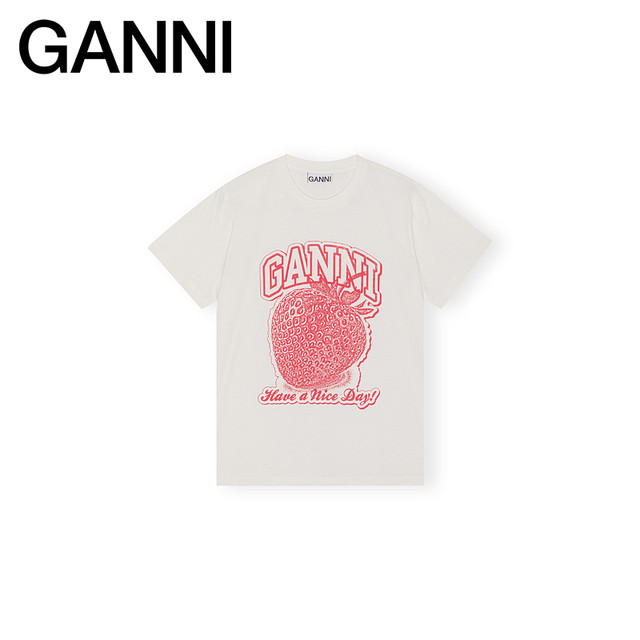 GANNI women's fruit series strawberry print egret color short-sleeved ...