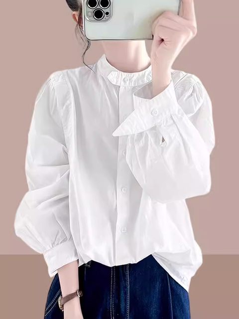 Stand Collar Pure Cotton Lantern Sleeve Long-Sleeved Women's Shirt 2025 ...