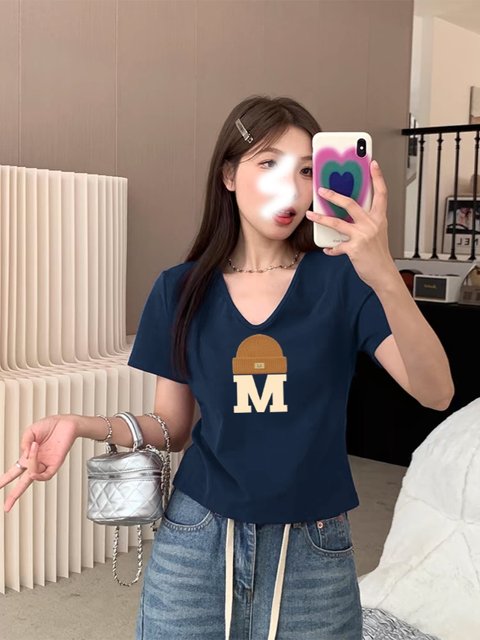 Round V-neck pure white T-shirt women's short-sleeved top for women's ...