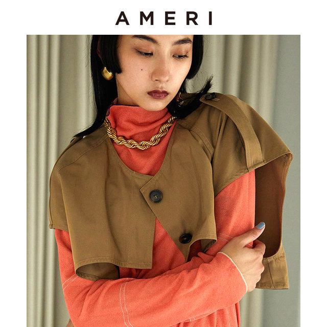 AMERI two-piece removable mid-length trench coat with rivet design and retro-looking long coat ...