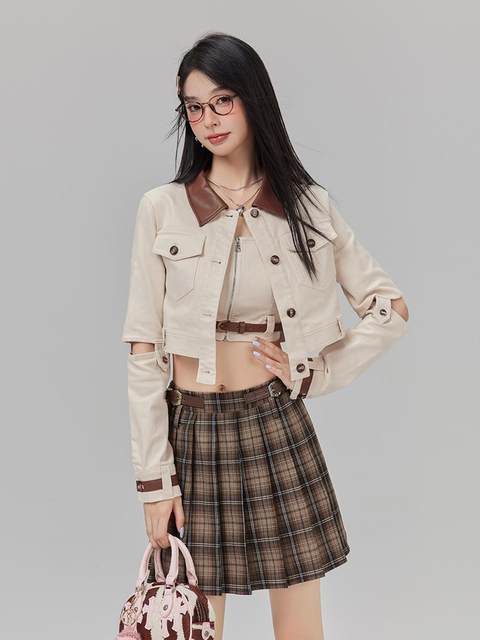 LA CRAWFISH retro modern pu splicing jacket short jacket women's group ...