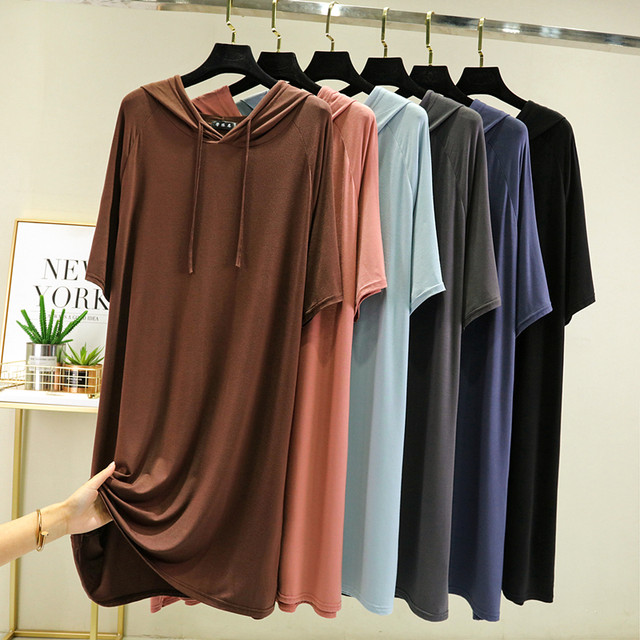 Modal Summer Thin Short Sleeve Hooded Dress Women's Loose Slim Long ...
