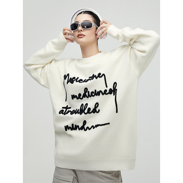 Lazy style chain embroidered letter pullover sweater American couple ...