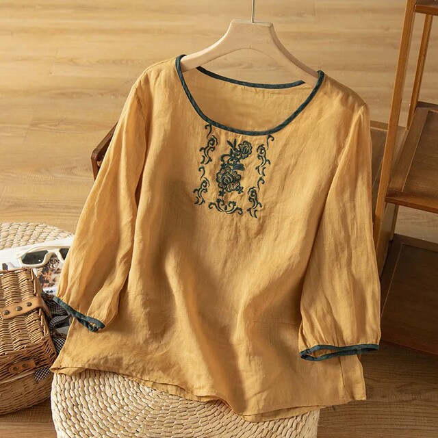 Cotton and linen seven -point sleeve embroidery top female 2024 summer ...