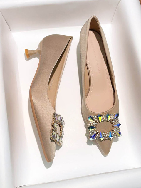 Rhinestone nude color high heels women's 3cm low heel 2024 spring new ...