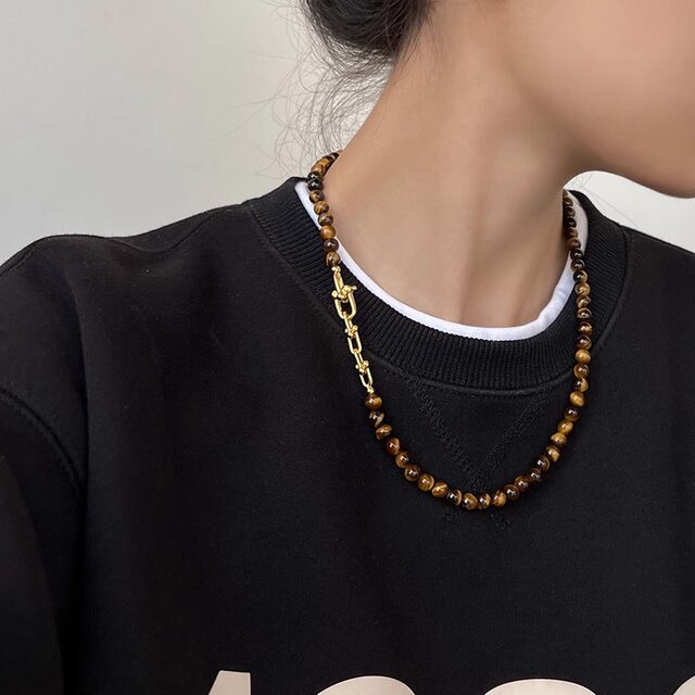 Tiger eye stone sweater chain women's niche design high-end neck chain ...