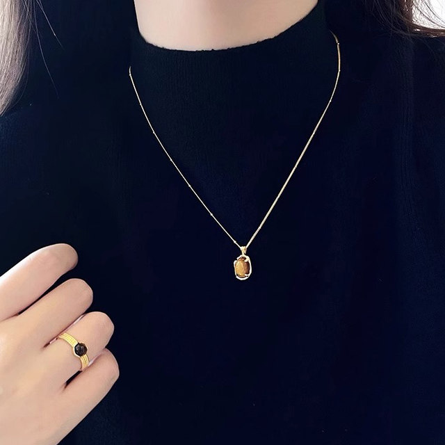 Autumn and winter Maillard Tiger Eye Stone Pendant Sweater Chain Women ...