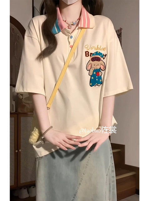 American college style polo shirt pure cotton short-sleeved women's T ...