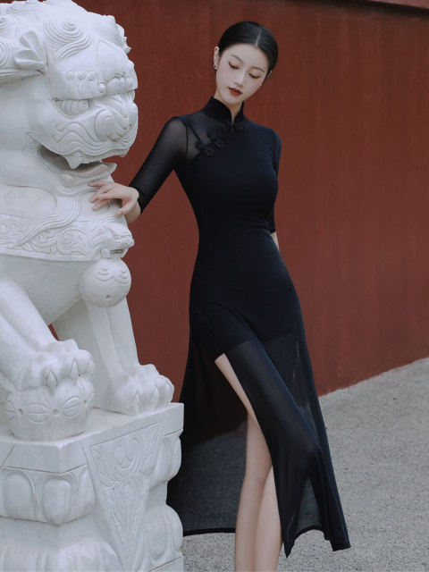 Customized black perspective cheongsam fashion semi -high -necked women ...