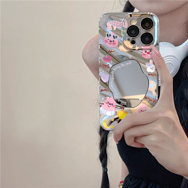 High-end pink beaver makeup mirror suitable for Apple 15 mobile phone ...