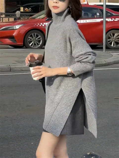 Retro design high neck long sleeve chic slit sweater knitted sweater ...