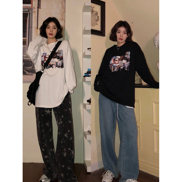 Autumn and winter white T -shirt women long -sleeved loose large size ...