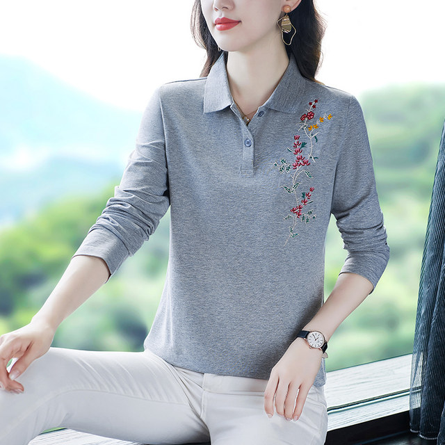 Embroidered long -sleeved POLO shirt Female Spring Ocean Qi Mom T ...