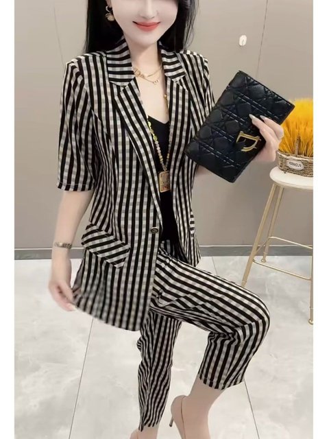 2025 summer new fashion style slim suit women's short-sleeved plaid ...