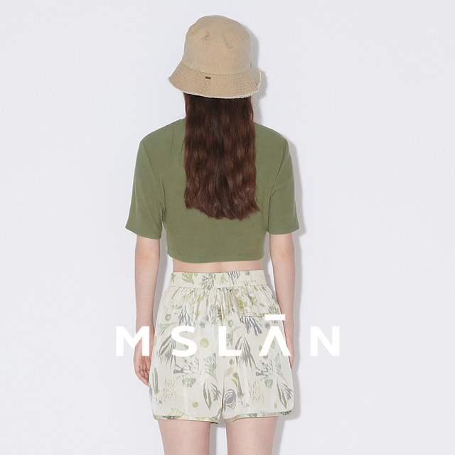 MSLAN spring retro green round neck personality exposed waist short versatile T -shirt mfam1103
