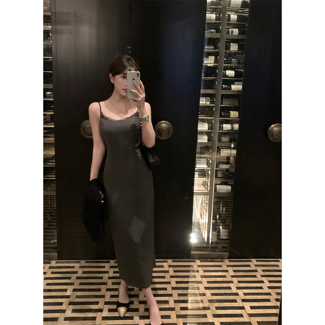 Joyful lace stitching gray suspender dress for women in spring sexy ...