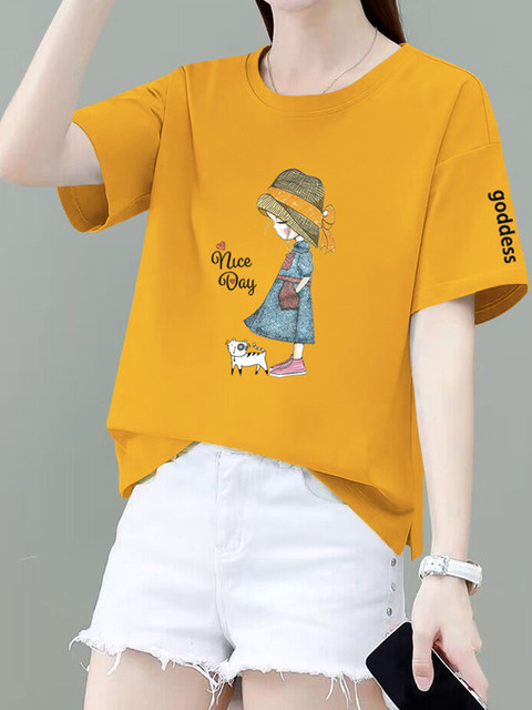 Turmeric pure cotton short-sleeved T-shirt for women in summer loose ...