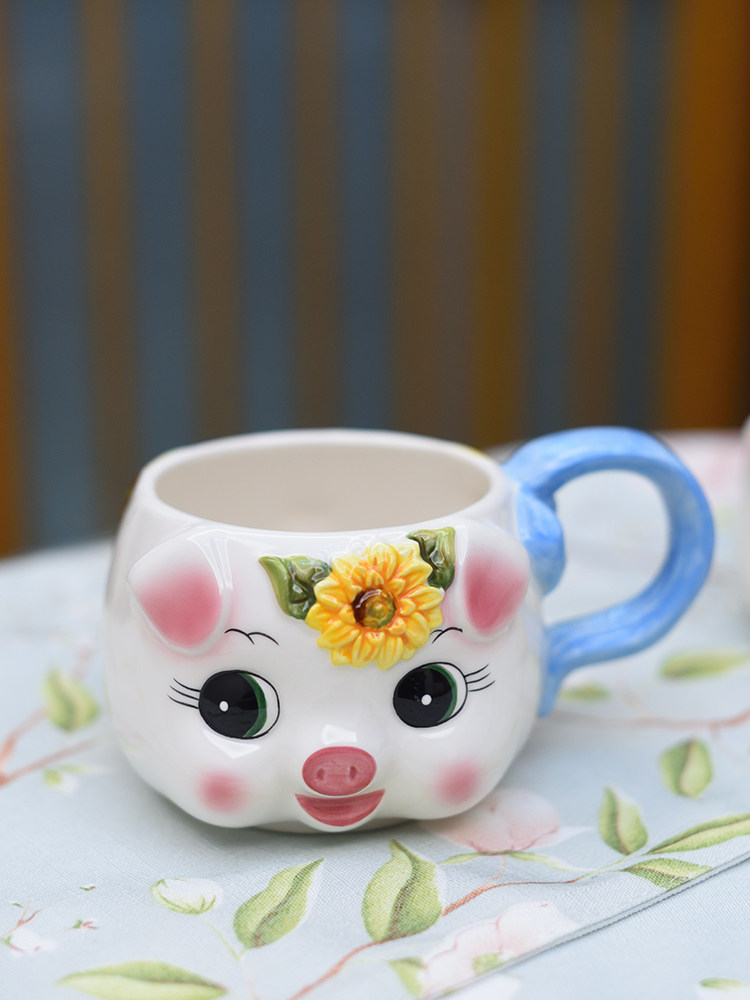 Functionart セラミック ピッグ カップル マグ - ひまわりとバラのデザイン