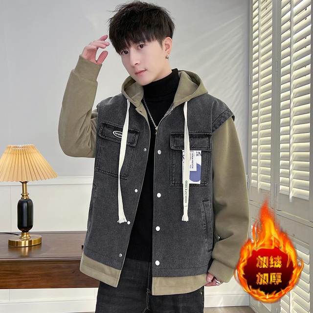 Denim jacket male plus velvet thickened youth casual, handsome ...