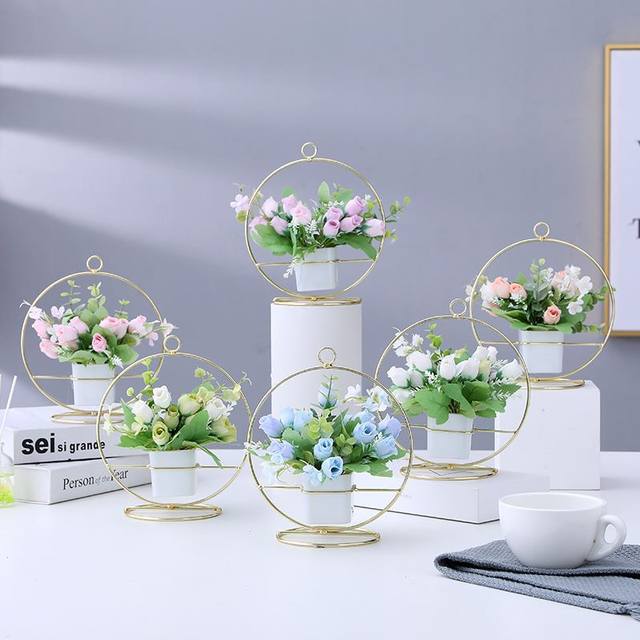 Nordic style simulated bouquet bonsai iron flower stand clay pot Yuri ...