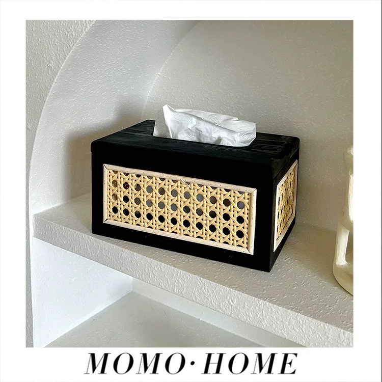 Momo Japanese Style Solid Wood Tissue Box - Light Luxury Rattan Design