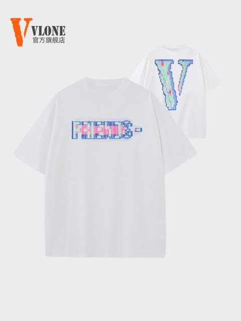 VLONE pixel style printed T-shirt trendy big V short-sleeved American ...