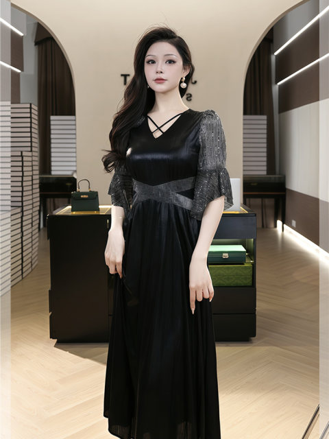 High-class society dress 2025 new summer noble black light luxury ...