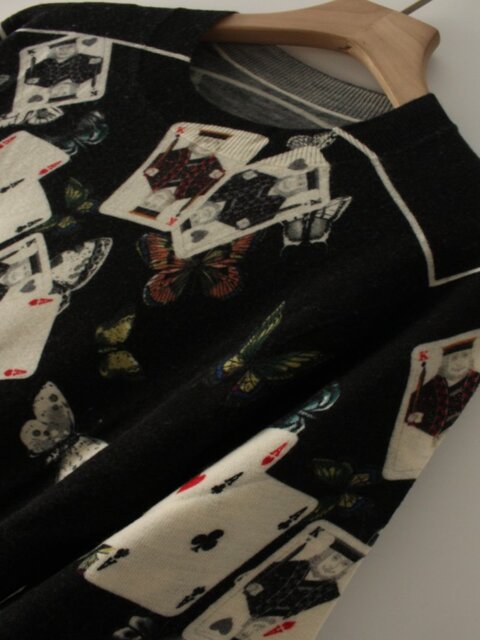 100% wool poker card printing round neck long sleeve thin pullover ...