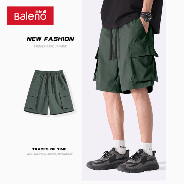 Baleno shorts men's summer American retro straight overalls youth quick ...
