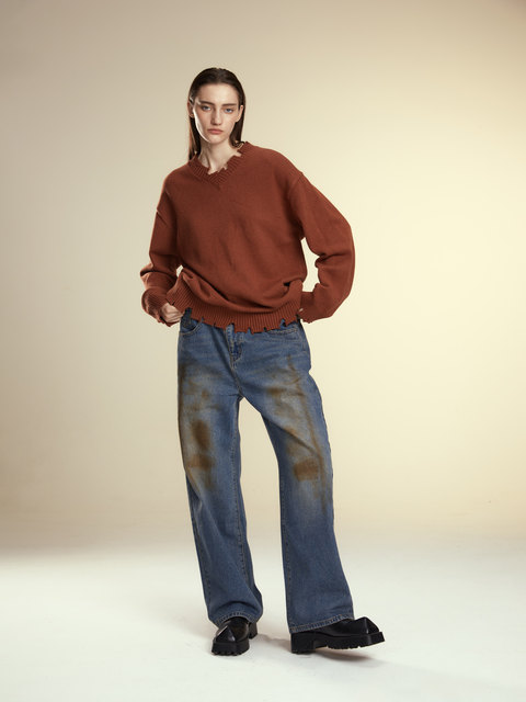 KiKat/Maillard color destroyed V-neck circle yarn knitted long-sleeved ...