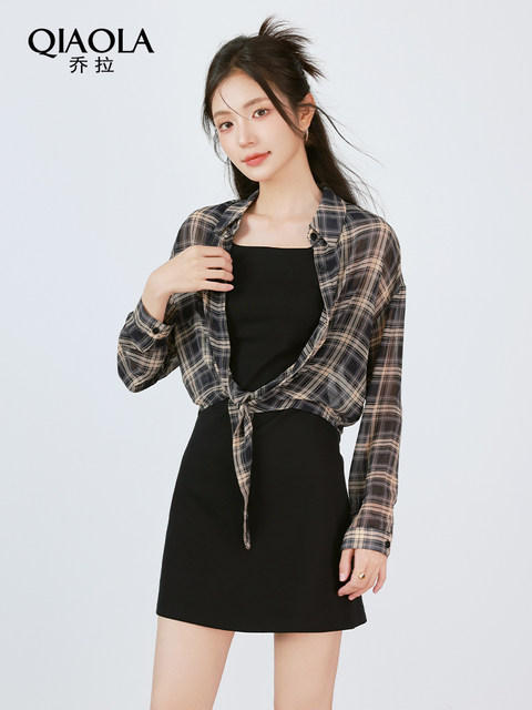 Jora 2025 Early Autumn Plaid Shirt Top Women's Black Waisted Sling ...