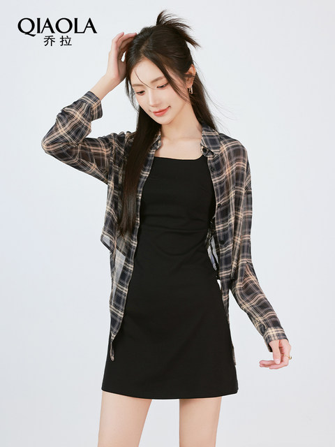 Jora 2025 Early Autumn Plaid Shirt Top Women's Black Waisted Sling ...