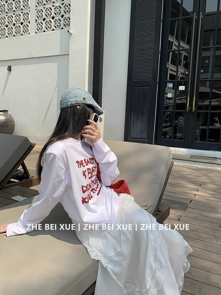 A complete set of ootd outfits Korean letter printing loose long ...