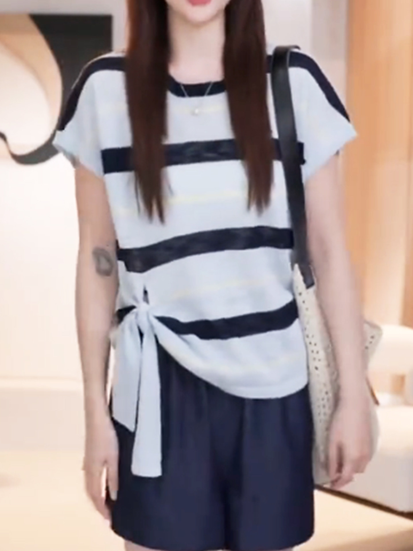 Back Button Straps Contrasting Stripesd Knitted Short-Sleeved Women's ...