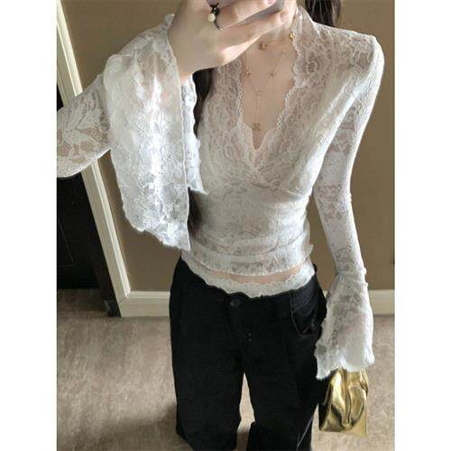 Design sensitive V -neck long sleeve lace shirt female early autumn ...