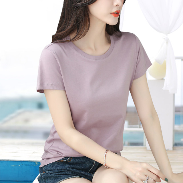 Purple round neck short-sleeved T-shirt for women 2024 new slim fit ...