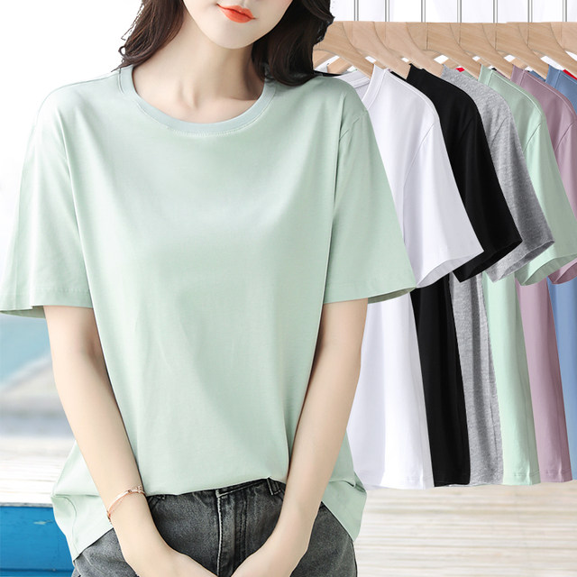 Light green cotton short -sleeved T -shirt female summer loose, thin ...