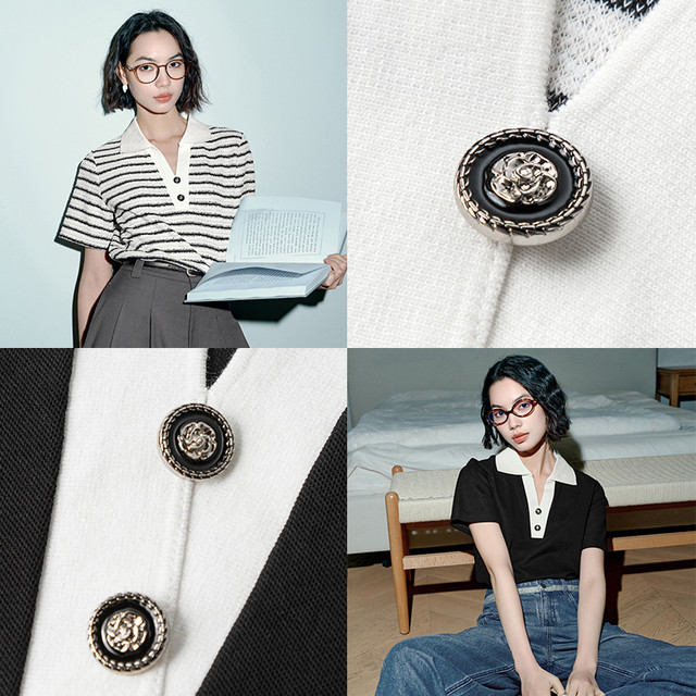 Evili's contrasting V -neck Polo collar short -sleeved T -shirt 2024 ...