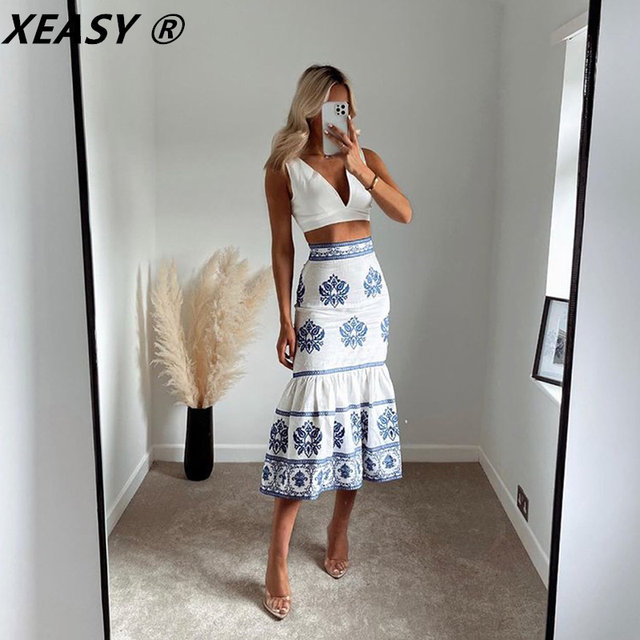 XEASY 2021 Women Blue Embroidery Linen Skirt High Waist