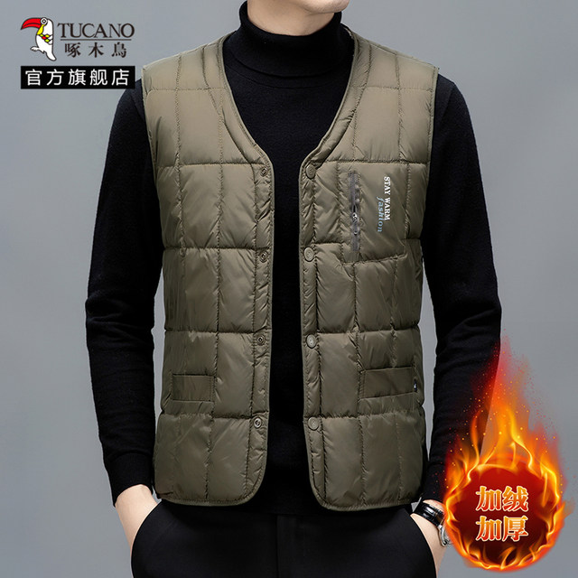 Down cotton vest men's 2024 winter middle-aged and elderly warm plus velvet thickened lamb's ...