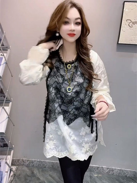 European-style two-piece spliced lace T-shirt for women 24 winter ...