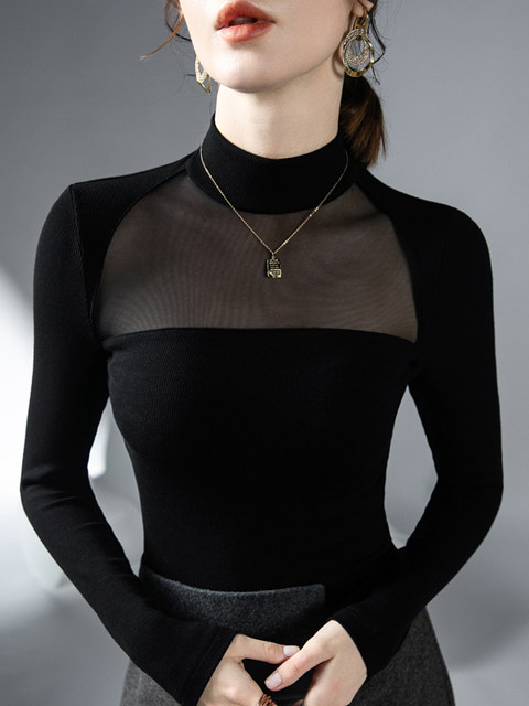 2025 spring new mesh gauze stitching bottoming shirt women's long ...