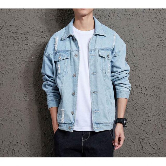 Trendy brand ripped denim jacket men's winter casual light-colored work ...