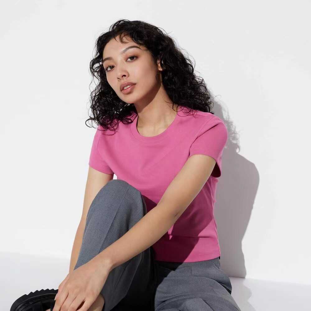 GeTan Gotan basic loose soft waxy 100% cotton/grey versatile Yu Kewei same style slim round neck ...