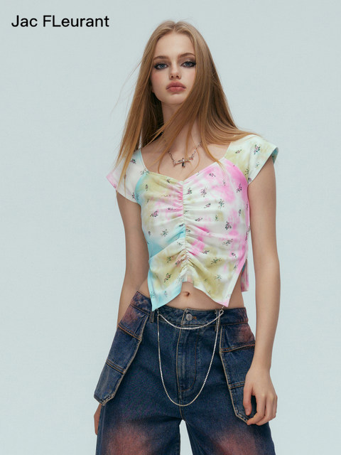 JAC FLEURANT new tie-dye floral rhinestone chain hot girl top
