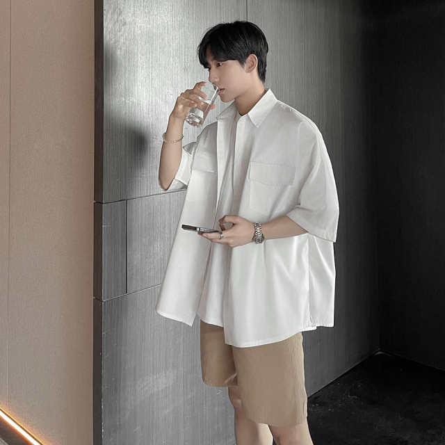 British Yali Men's Black Cuban leadership short -sleeved shirt men's ...