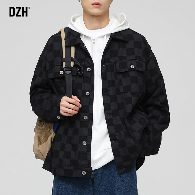 Men's Black Chess Board Glustion Jacket Men's Autumn Trend Bargaining ...