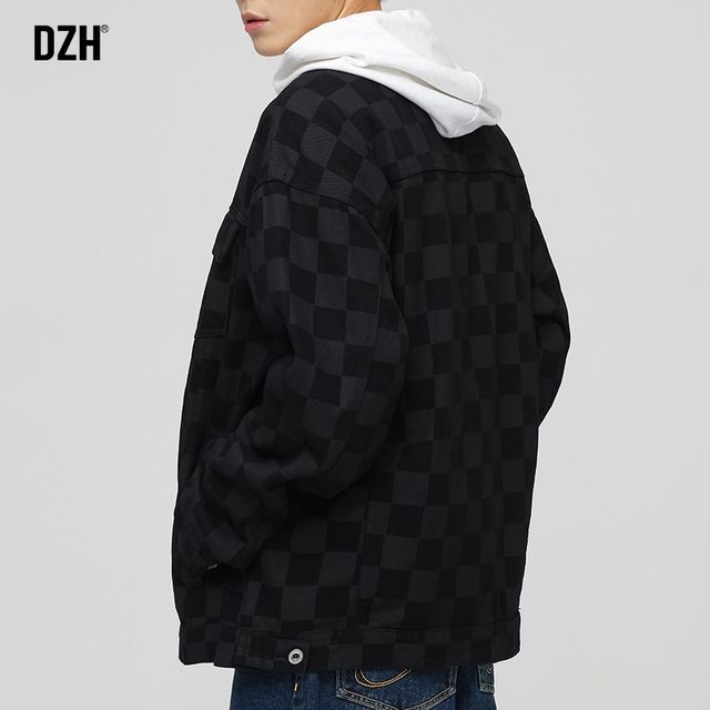 Men's Black Chess Board Glustion Jacket Men's Autumn Trend Bargaining ...