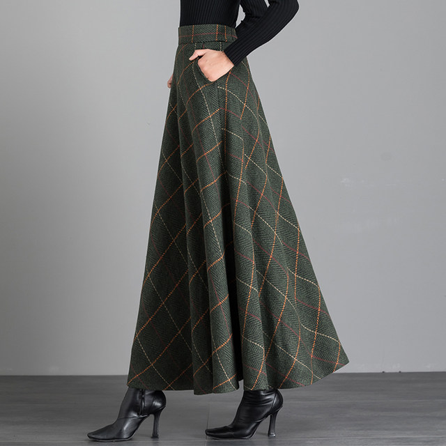 Wool plaid skirt autumn and winter women's 2024 new high-waist slim ...