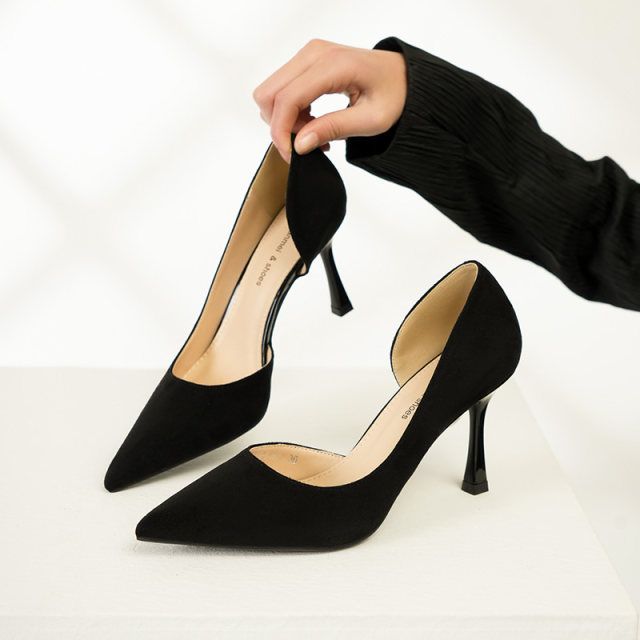 Side empty high heels female 2025 new velvet sexy thin heel black ...